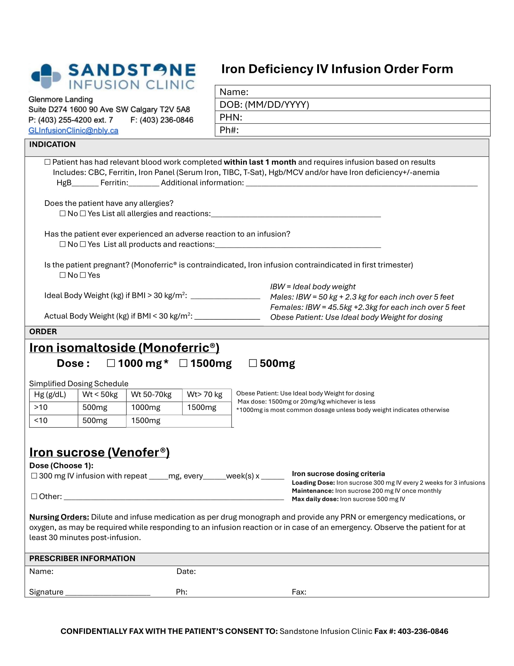 Iron Infusion Order Form « Sandstone Pharmacies